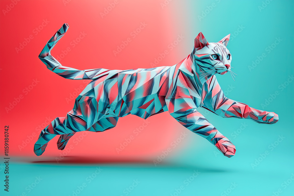Energetic cyan and red color scheme with a paper origami Bengal cat in ...