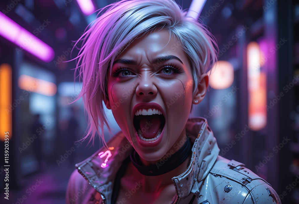 Angry Cyberpunk Woman in Neon Lit Alleyway. Generative AI Stock Photo ...