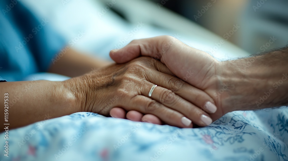18. Hands holding together on a hospital bed, symbolizing care and ...