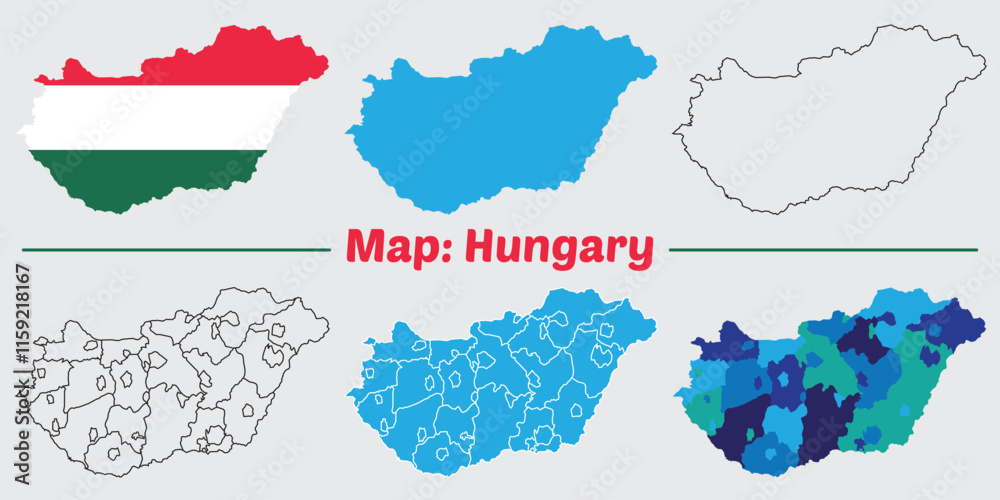 Hungary country map set. internal provinces borders marked, Simple map ...