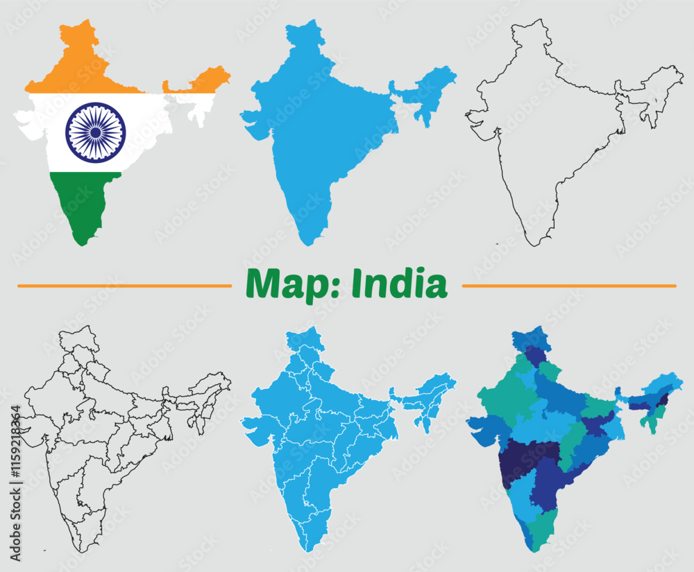 India country map set. internal provinces borders marked, Simple map of ...