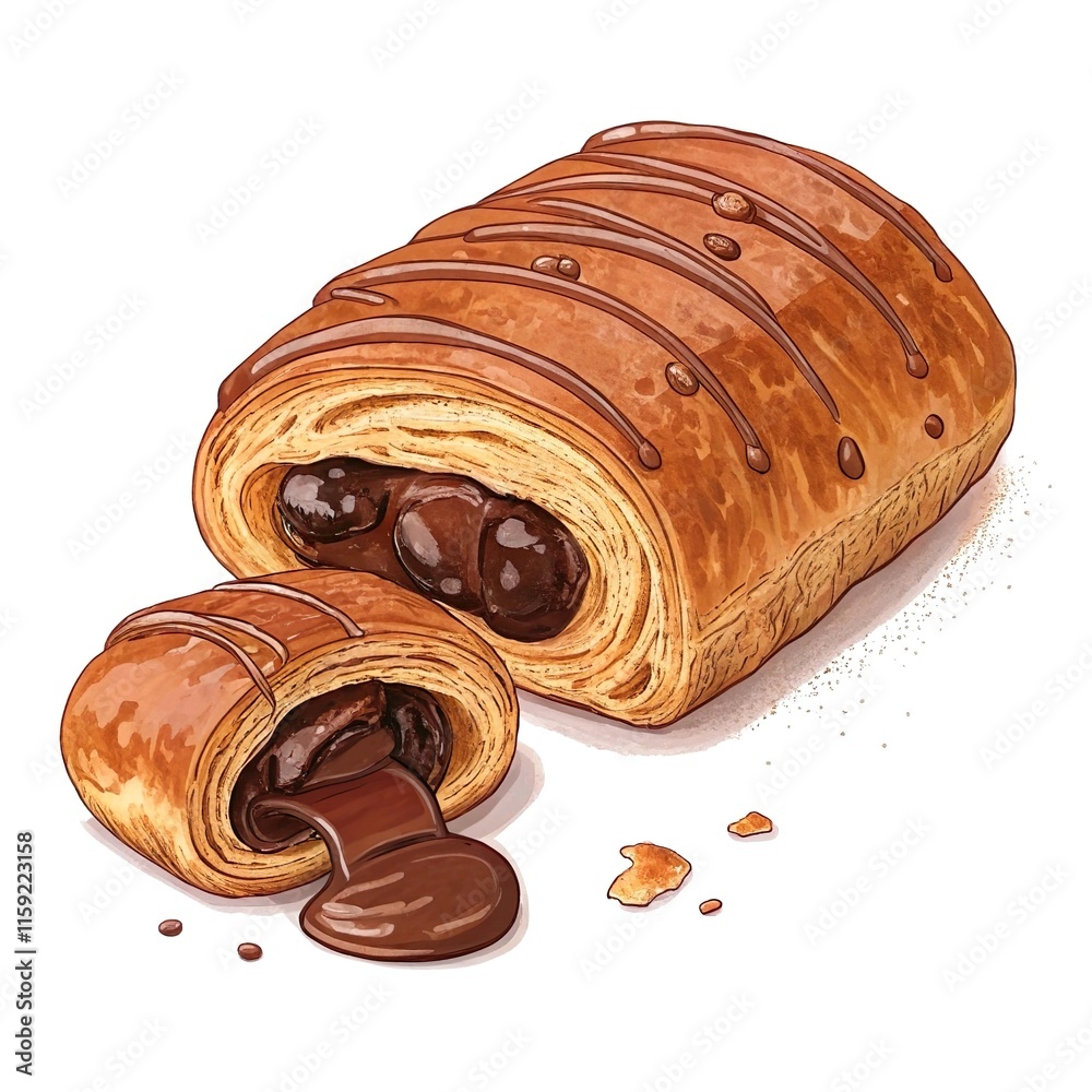 Pain au chocolat clipart cartoon 2d watercolor illustration, isolated ...
