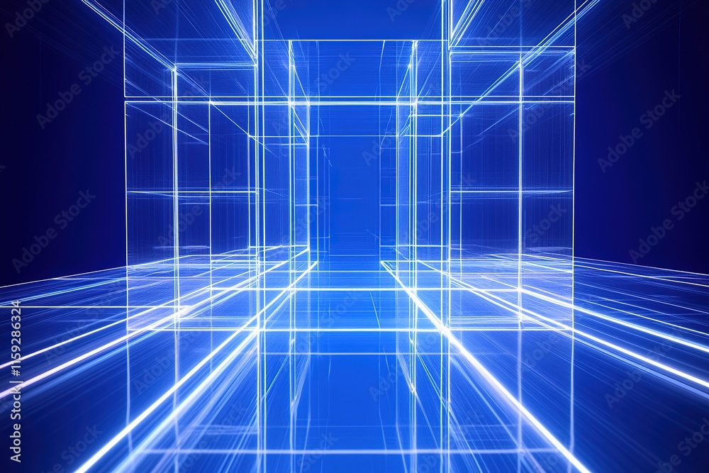 futuristic design of glowing transparent lines forming 3d grid with ...