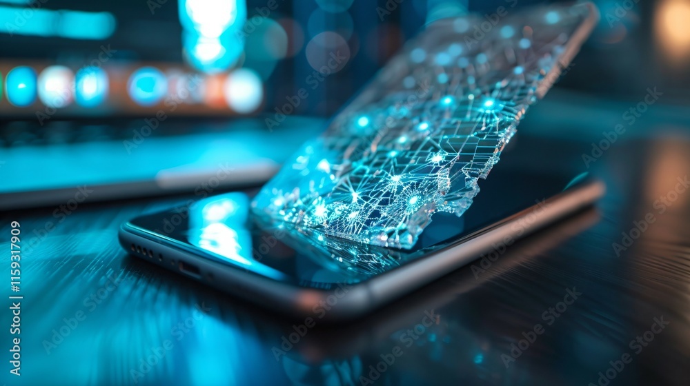 Close-up of a cracked smartphone screen with glitching digital ...