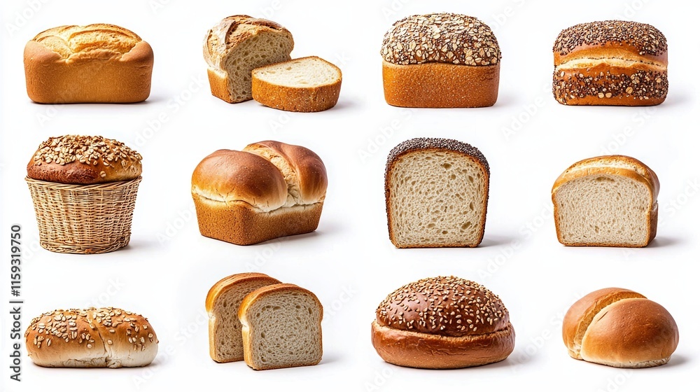 Multigrain bread buns and slices displayed from different angles in a ...