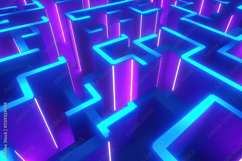 futuristic 3d maze with glowing neon walls in shades of blue and purple ...