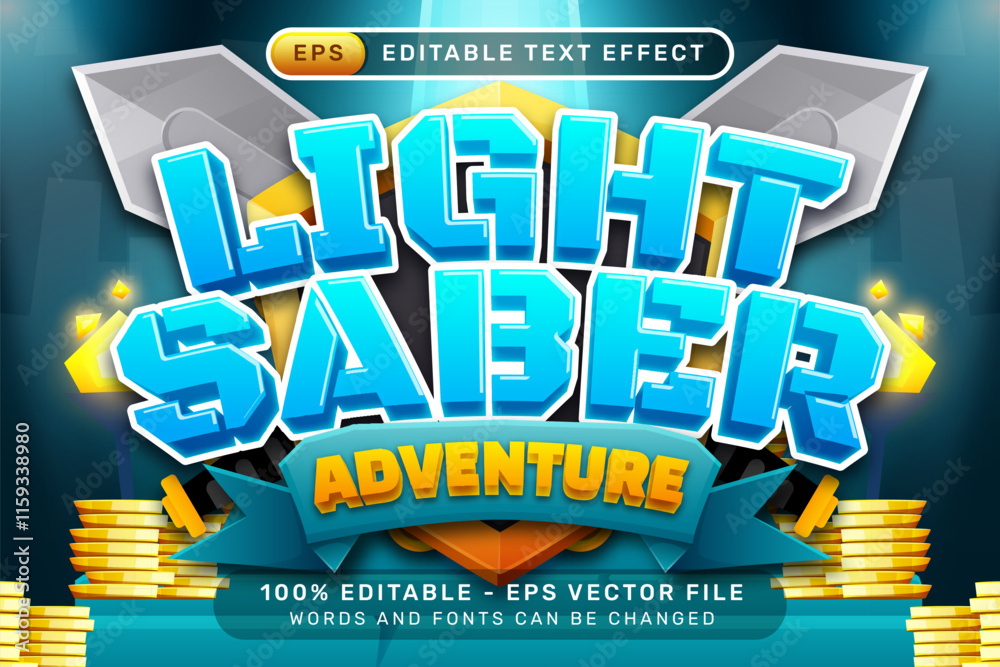 light saber adventure 3d text effect with swords shield and gold ...
