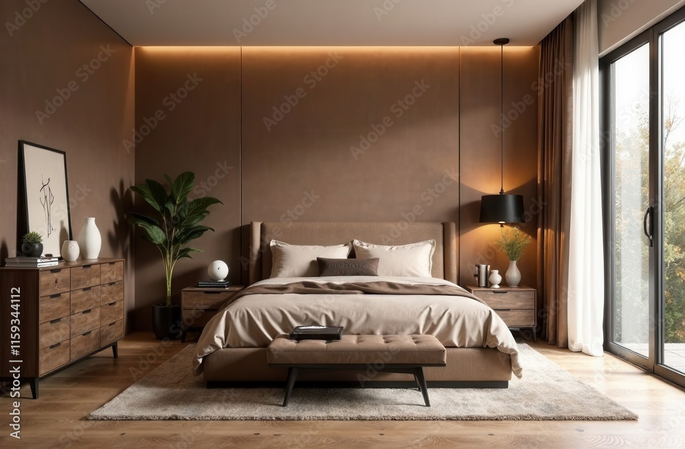 Luxury living room in warm Mocha mousse 2025 color trend. Brown walls ...