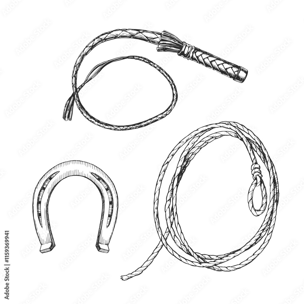 Vector set of hand-drawn illustrations of horse equipment. Black and ...