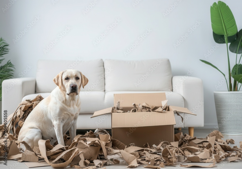 Labrador retriever dog sitting near open cardboard box and shredded ...