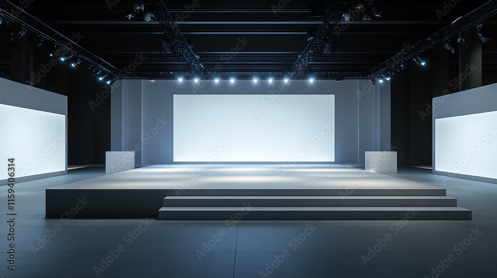 Modern exhibition space with a stage, white screens, steps, and a dark ...