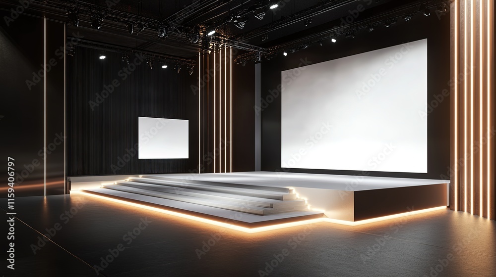 Modern exhibition space with a stage, white screens, steps, and a dark ...