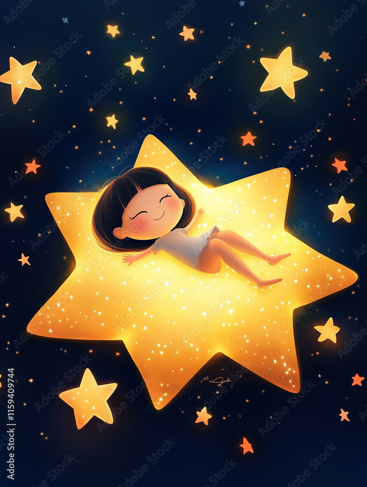 Cartoon illustration of a little girl sleeping in stars Stock ...