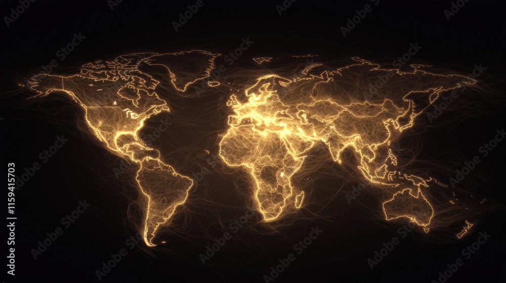 Geospatial Data Analytics concept. Illuminated world map with glowing ...