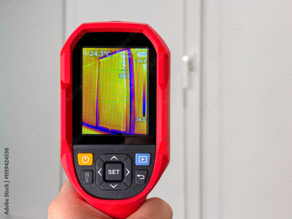 Technician uses thermal imaging camera to identify heat loss and energy ...