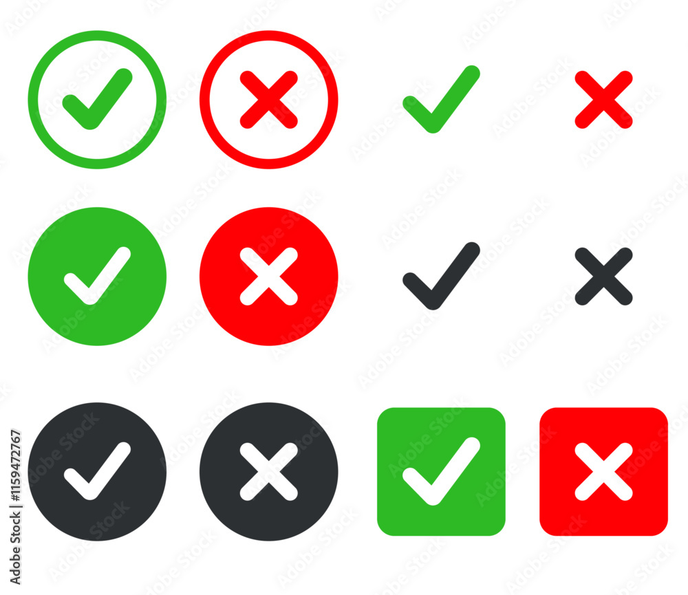 Check box tick mark icon set button correct right wrong buttons or yes or no checkmark red cross ...