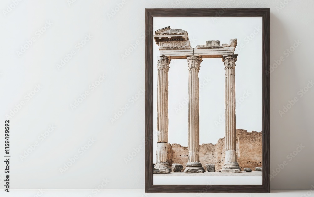 Simple white poster framed in dark oak, set against an image of Roman ...