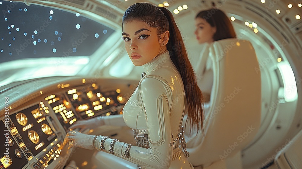 Two women in sleek space suits are depicted piloting a futuristic ...