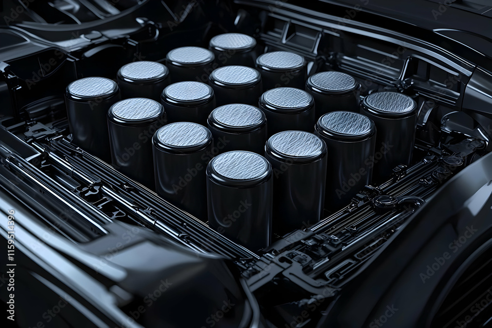 An exploded view illustration of a black electric vehicle battery ...