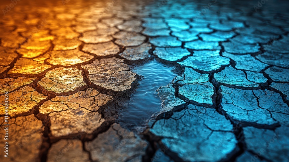 Foto de Stock Cracked dry earth reveals a thin stream of water amidst ...