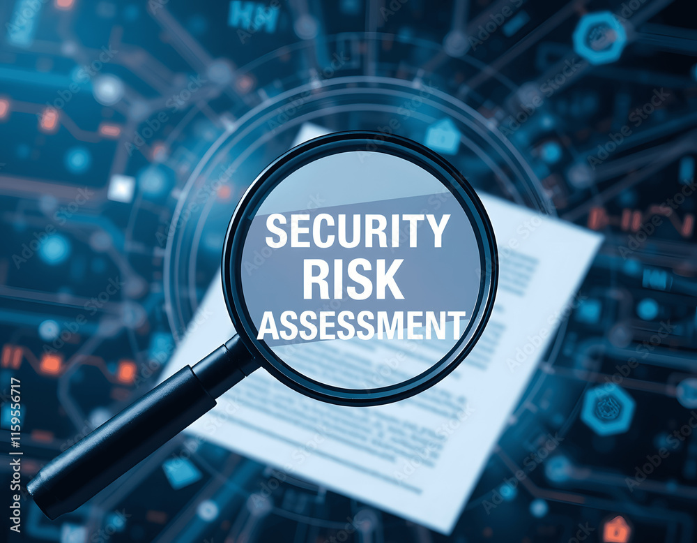 magnifying glass on code background magnifying the importance of security risk assessment Stock ...