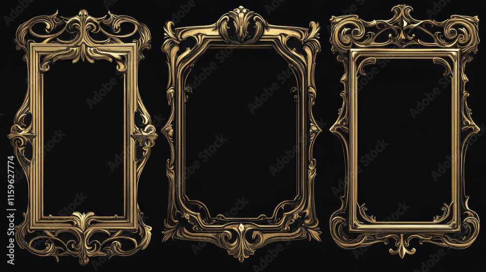 Square ui game frames, gold textured ornate rims with medieval decor. Cartoon empty level ...