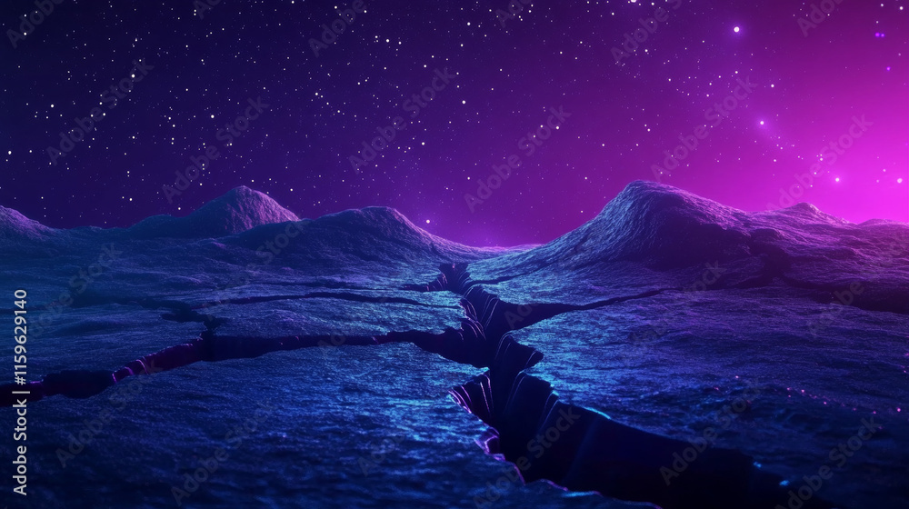 Alien planet landscape with neon light glowing from cracks. Vector ...