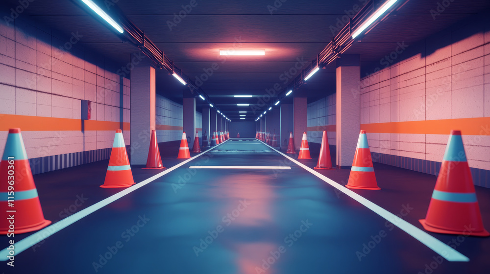 Barrier parking entrance with cars driving inside and out of gate with ...