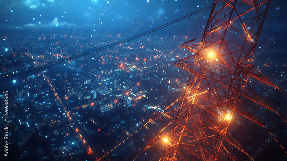 High voltage electric transmission tower with glowing current line ...