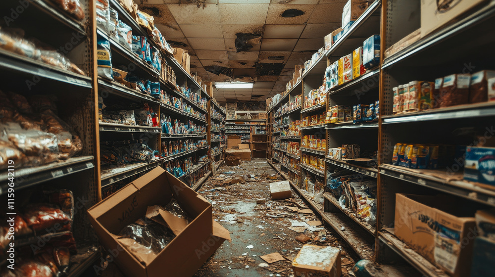 Стоковая иллюстрация «Abandoned supermarket aisle perspective view ...