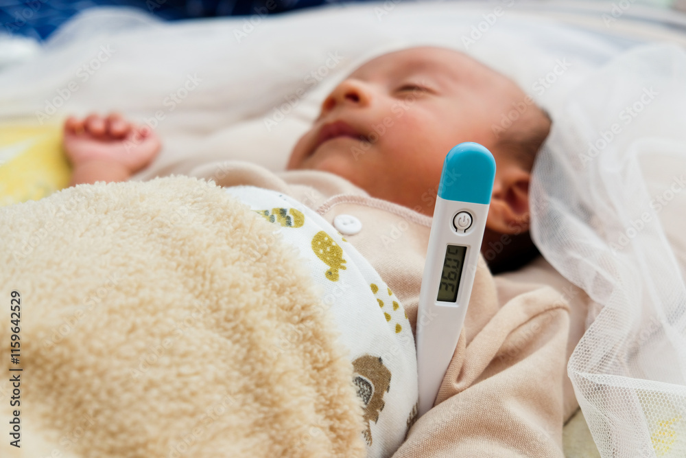 Thermometer under his armpit baby to measure the temperature of a sick ...