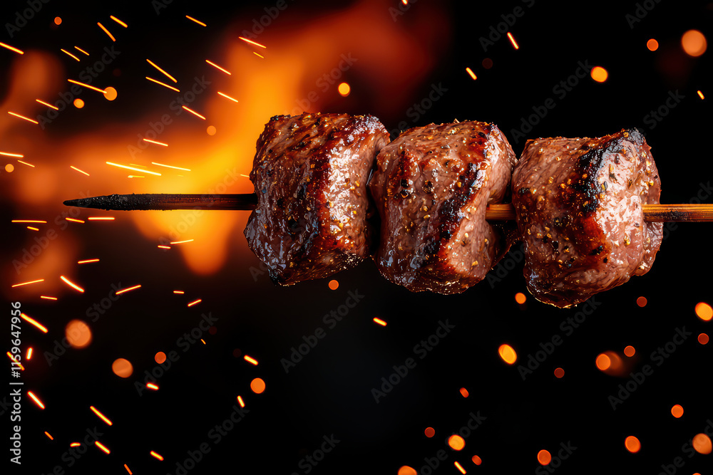 Juicy wild game meat skewers roasted over open flame, creating sparks ...
