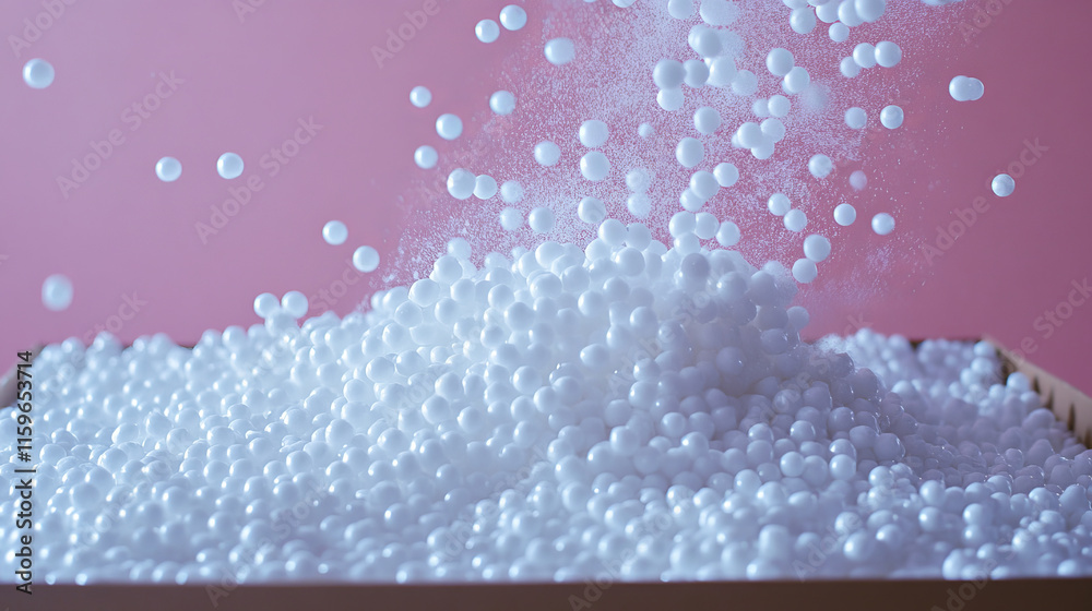 Hand holding white polystyrene foam beads ball drop from Styrofoam ...