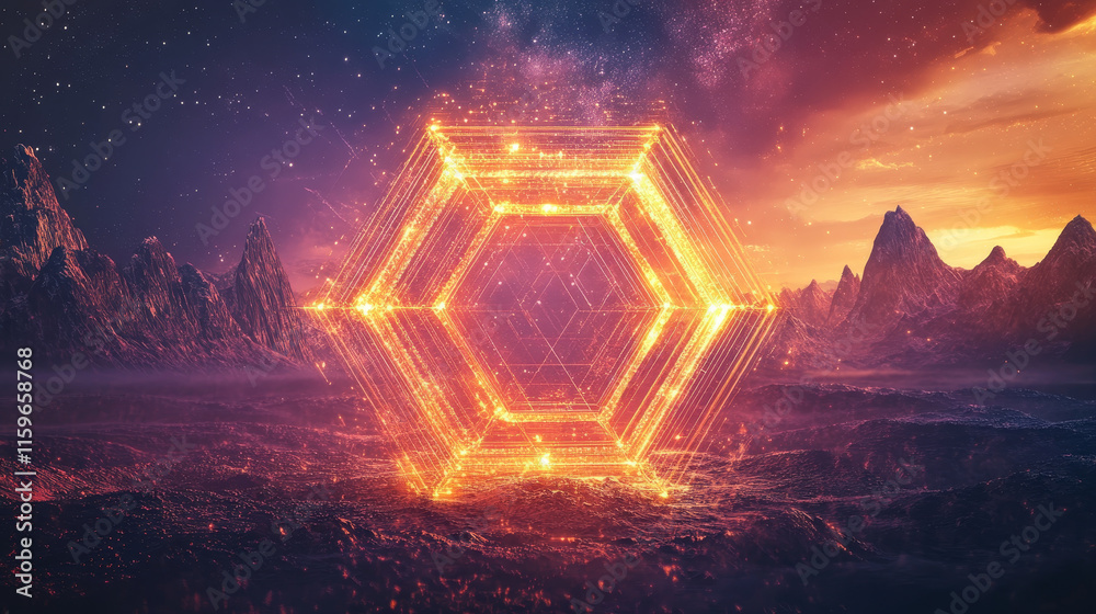 Cyberpunk background with neon hexagon on wireframe landscape. Vector ...