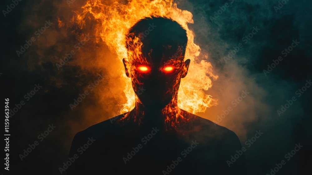 Fiery Infernal Figure, Glowing Eyes, Dark Smoke, Burning Man, Hellish ...