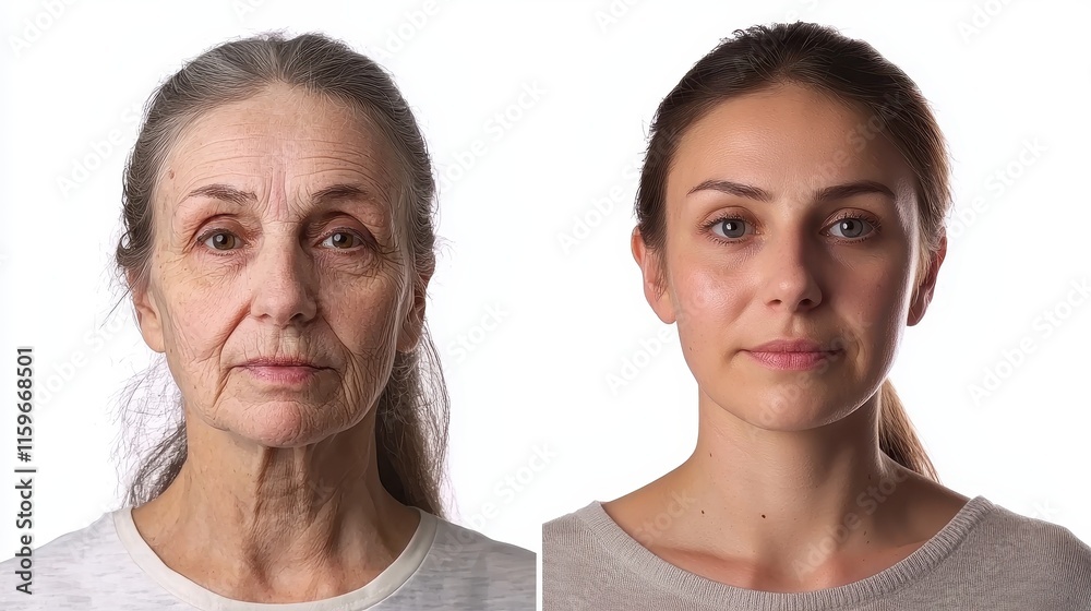 Side-by-side Comparison of Aging: Portrait of an Older Woman and a ...