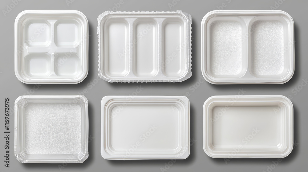 White plastic trays, package with clear film for food. Empty styrofoam ...