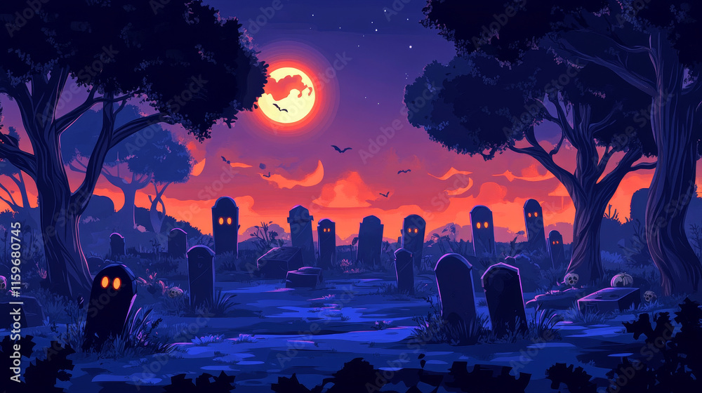 Night spooky halloween graveyard cartoon vector background. Scary cemetery with tombstone, grave ...
