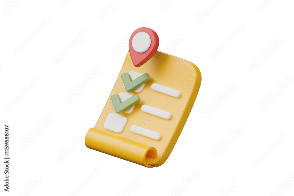 3D illustration of a checklist with location pin, signifying task ...