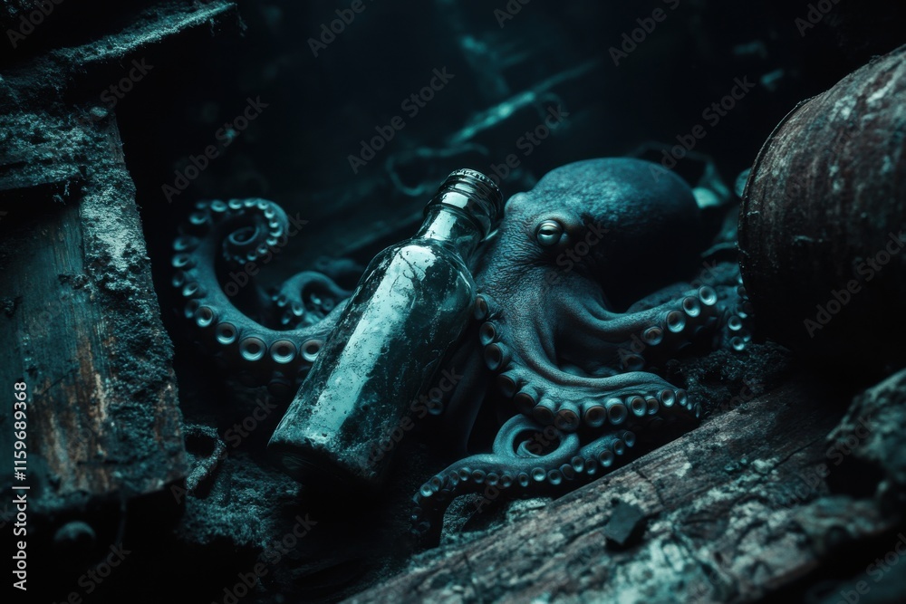 Octopus arm explores shipwreck bottle in dramatic lighting eerie ...