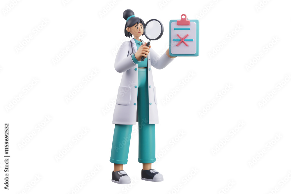 3D cartoon doctor examining a rejected checklist with a magnifying ...