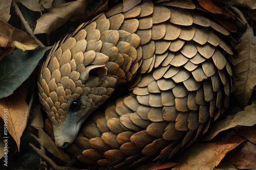Photorealistic image of pangolin curled up detailed scales natural ...