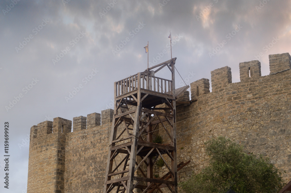 Castle assault tower built in wood and positioned for an attack ...