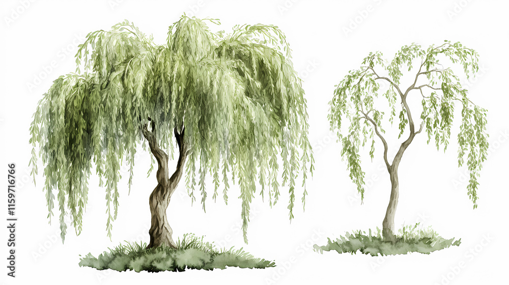 Trees front view, png, watercolor style vector tree, willow tree ...