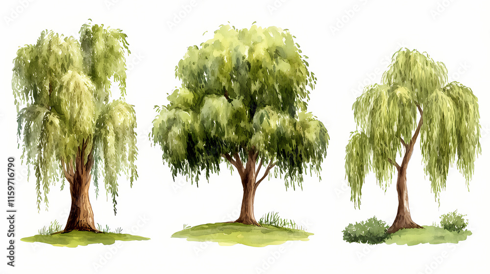 Trees front view, png, watercolor style vector tree, willow tree ...