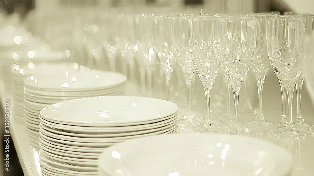 Neat stacks of white plates and rows of clear wine glasses on a table ...