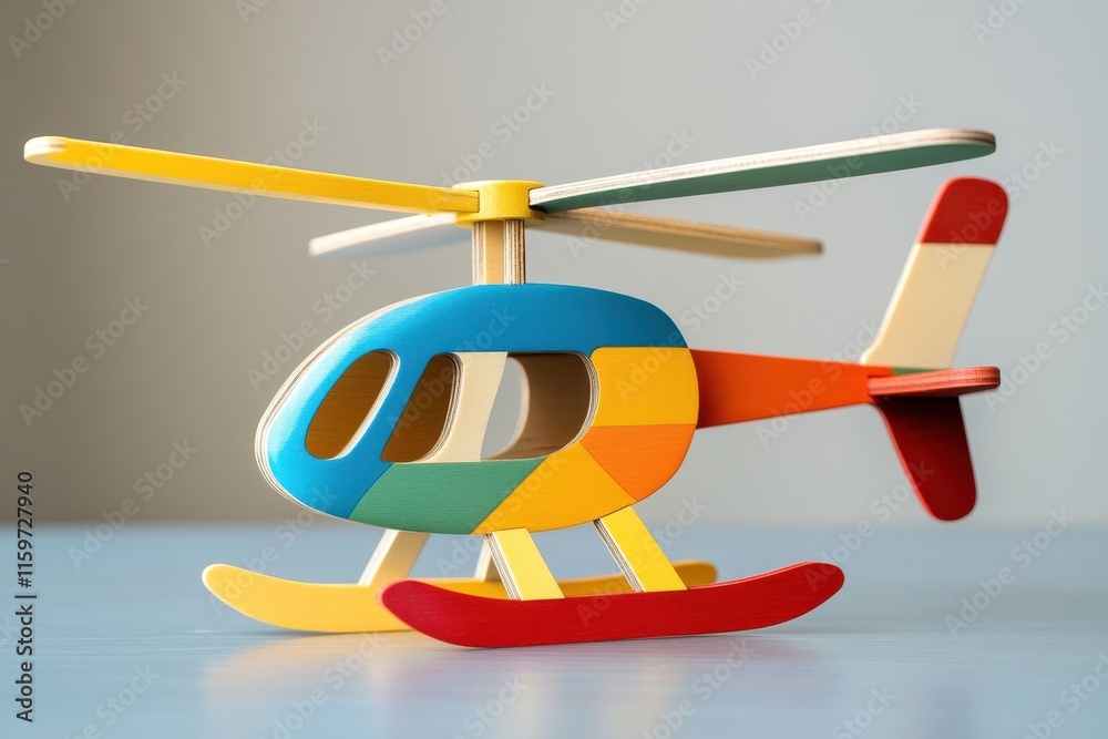 Brightly designed wooden toy helicopter model that encourages ...