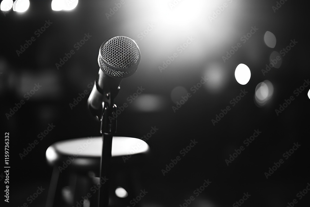 High contrast image of a stand up comedy stage featuring a microphone ...