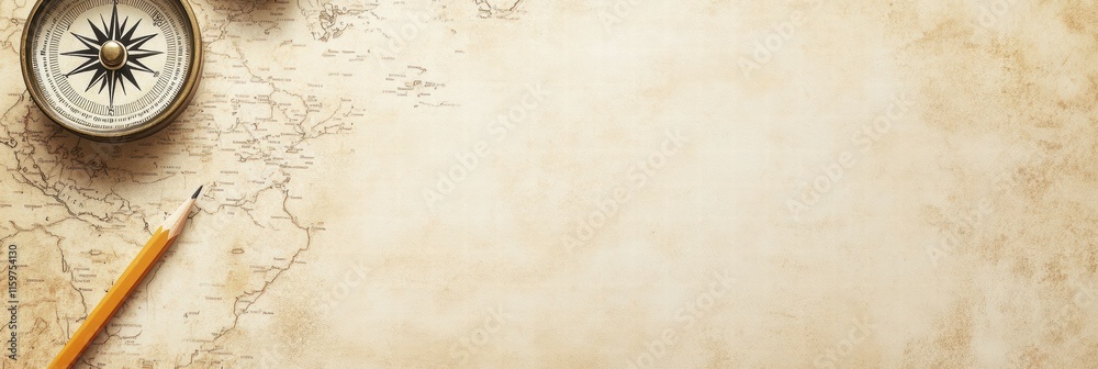 Explore distant lands with a vintage map, compass, and pencil ready for ...