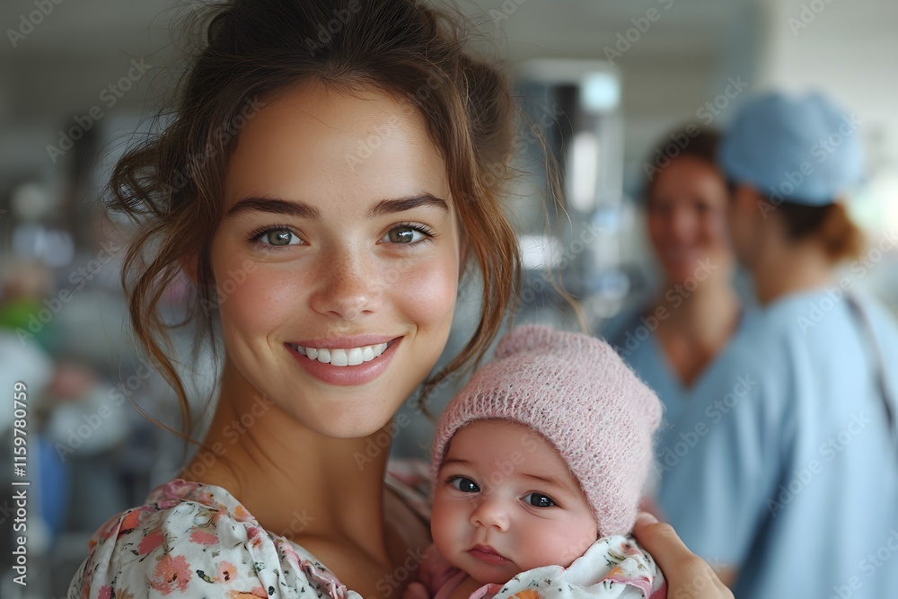New mother smile lovingly her newborn baby who resting peacefully her ...